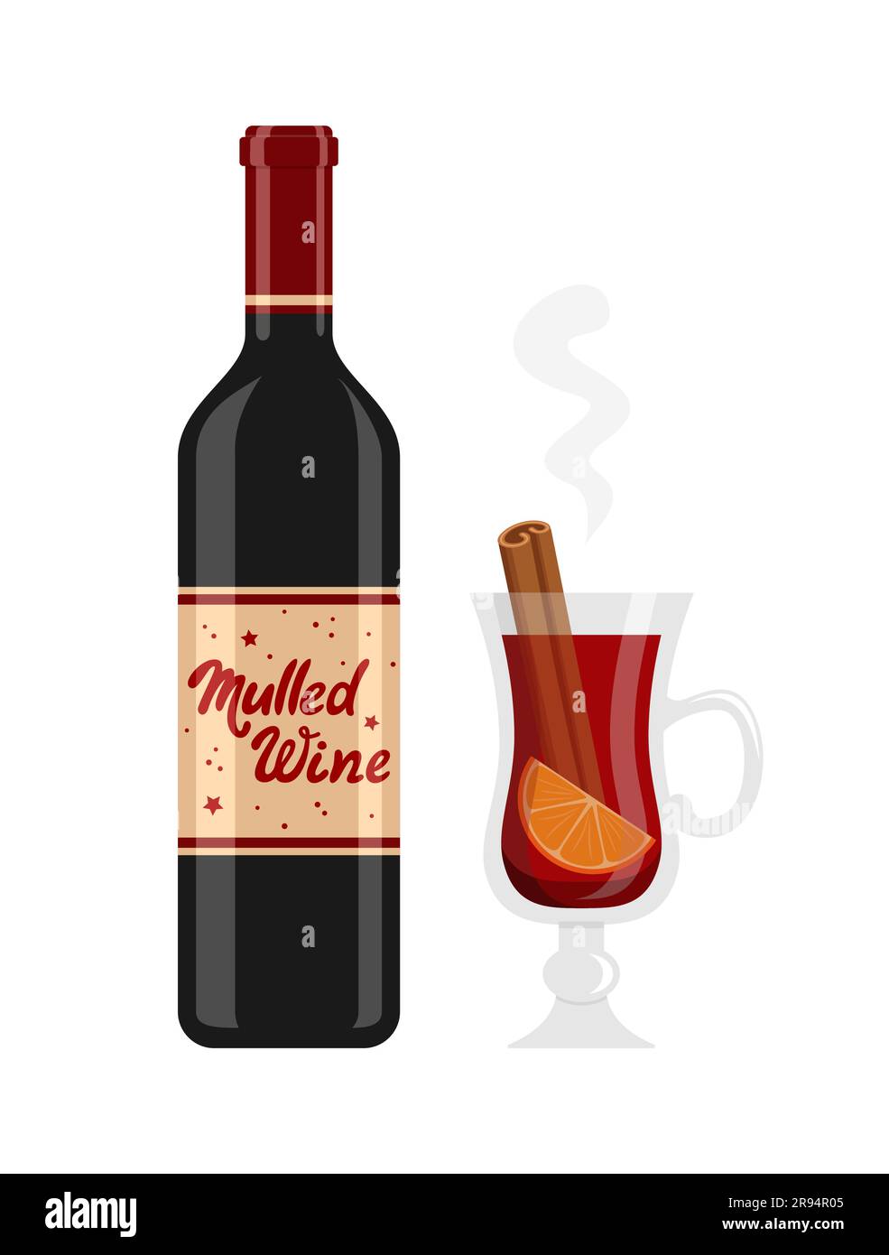 Bottle of mulled wine and glass of hot prepared mulled wine with orange ...