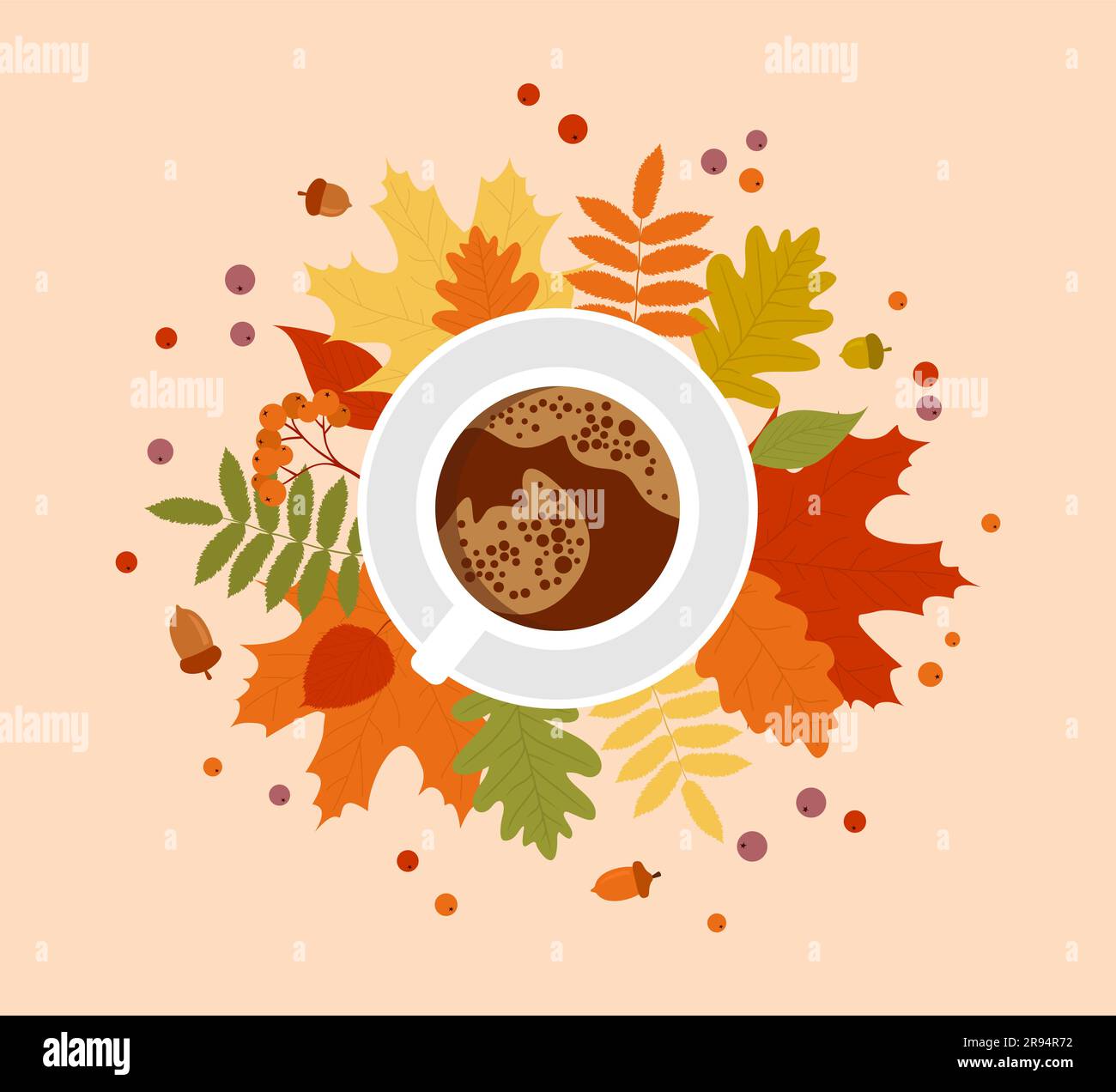 White coffee cup with multicolored autumn leaves, berries and acorns ...