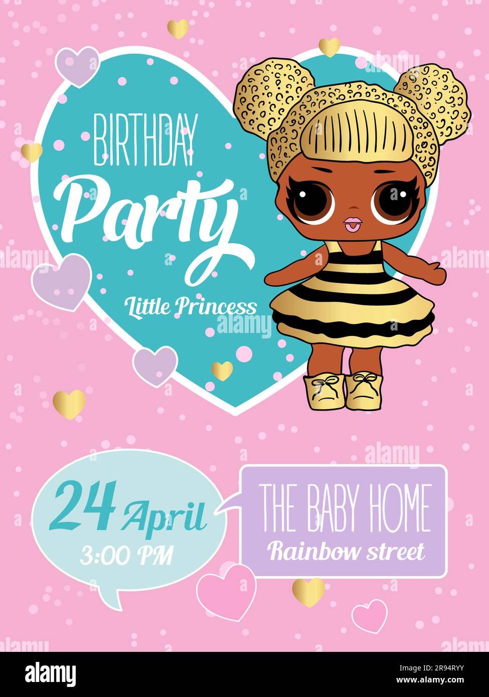 Birthday Invitation with cute Lol Dolls. Pink vector template of ...
