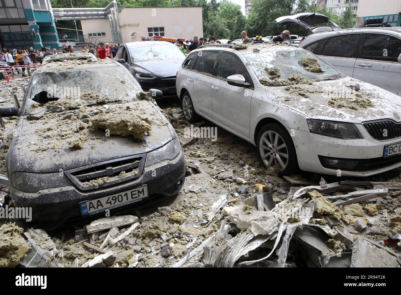 KYIV, UKRAINE - JUNE 24, 2023 - Wrecked cars are seen outside a 24 ...