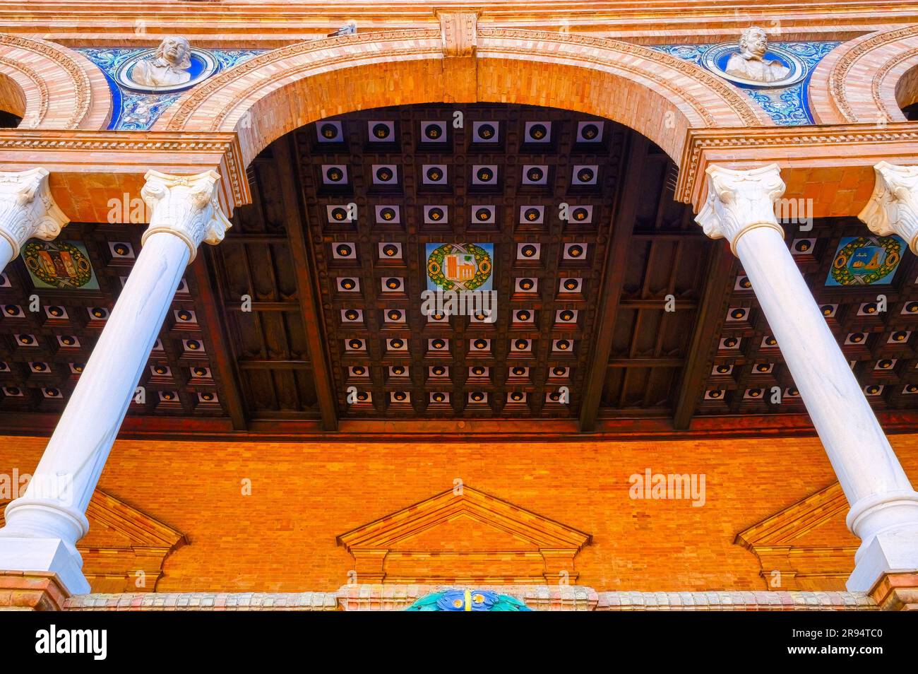 Seville, Spain - January 20, 2023: Plaza de España. The porch ceiling ...