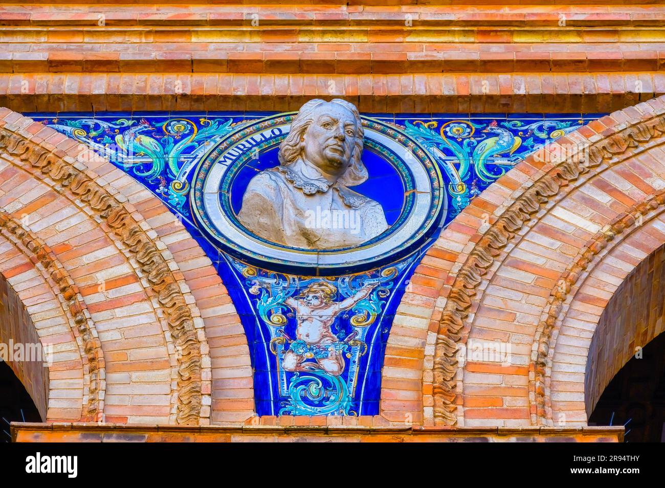 Seville, Spain - January 20, 2023: Plaza de España. Sculpture with a ...