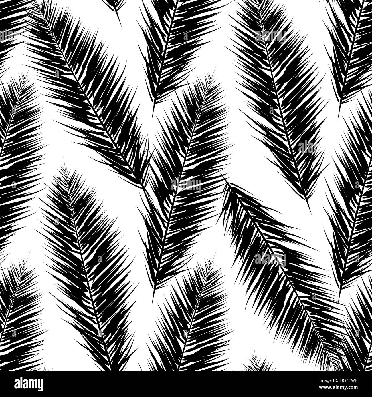 Black vector palm trees. Hand drawn seamless pattern. Summer tropical palm tree leaves seamless ...