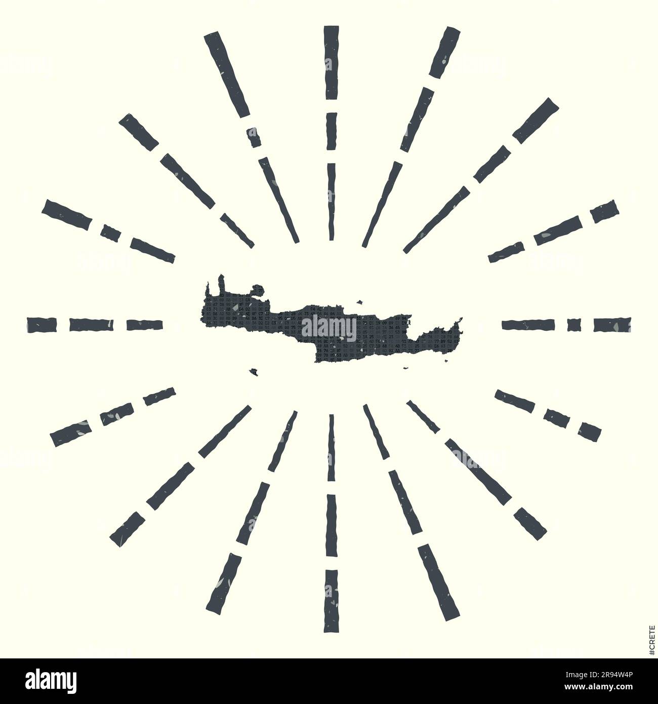Crete Logo. Grunge sunburst poster with map of the island. Shape of ...