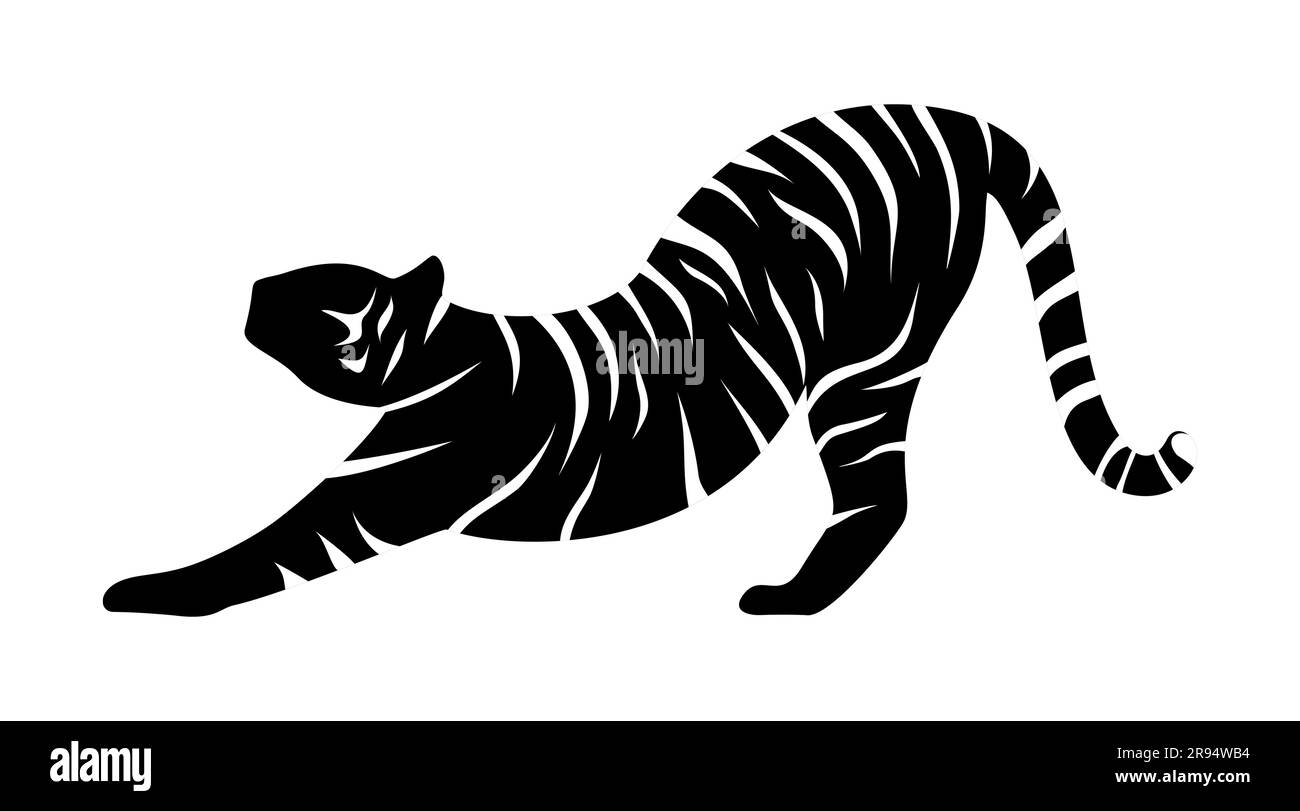 Vector illustration of a black and white stretching tiger isolated on a ...