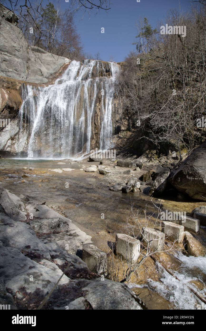 Landscape showing a waterfall Salt del Moli waterfall in Vidra town in ...