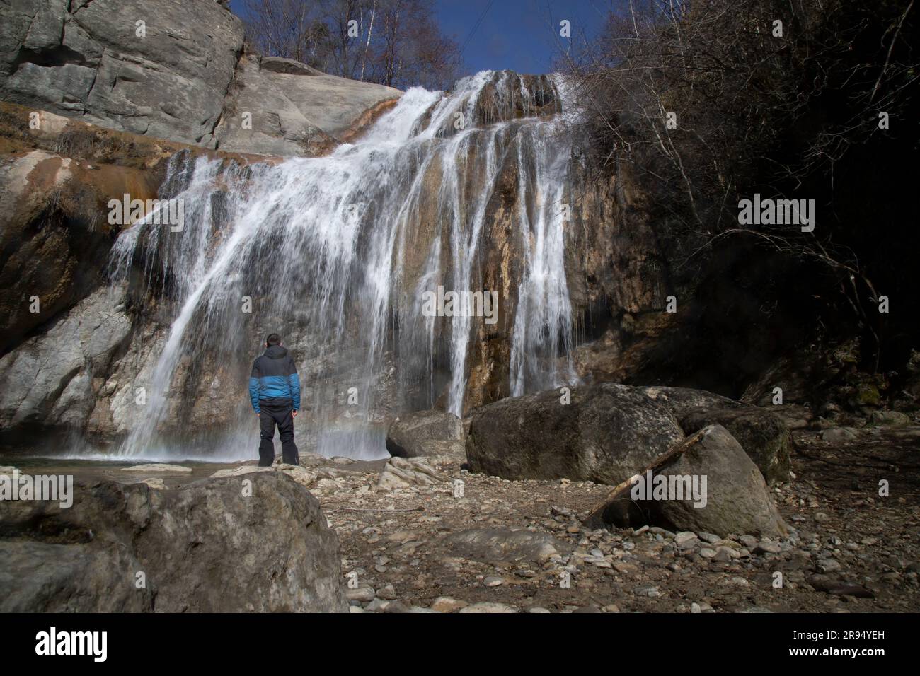 Landscape showing a waterfall Salt del Moli waterfall in Vidra town in ...