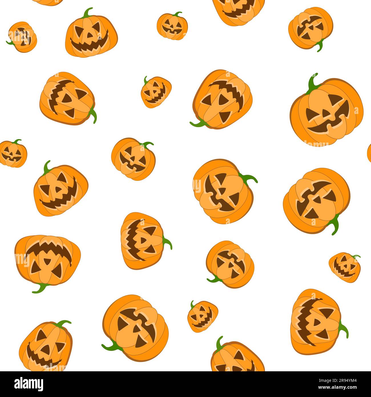 Halloween pumpkins seamless pattern. Flat orange pumpkins with carved scary smiling faces. Happy ...