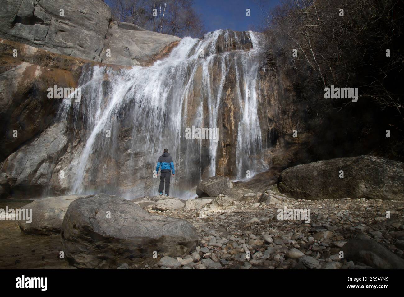 Landscape showing a waterfall Salt del Moli waterfall in Vidra town in ...