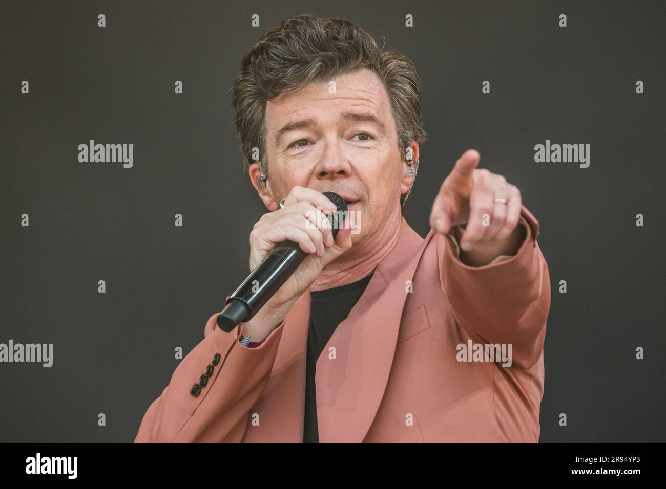 Glastonbury, UK. 24th June, 2023. Rick Astley plays the Pyramid Stage ...