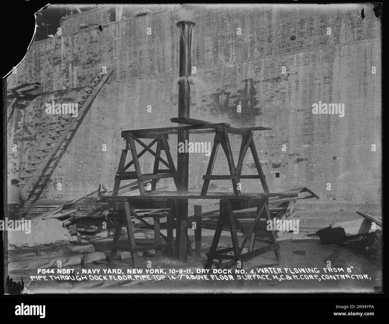 Dry Dock No. 4, Water Flowing from 8-inch Pipe Through Dock Floor, Pipe ...