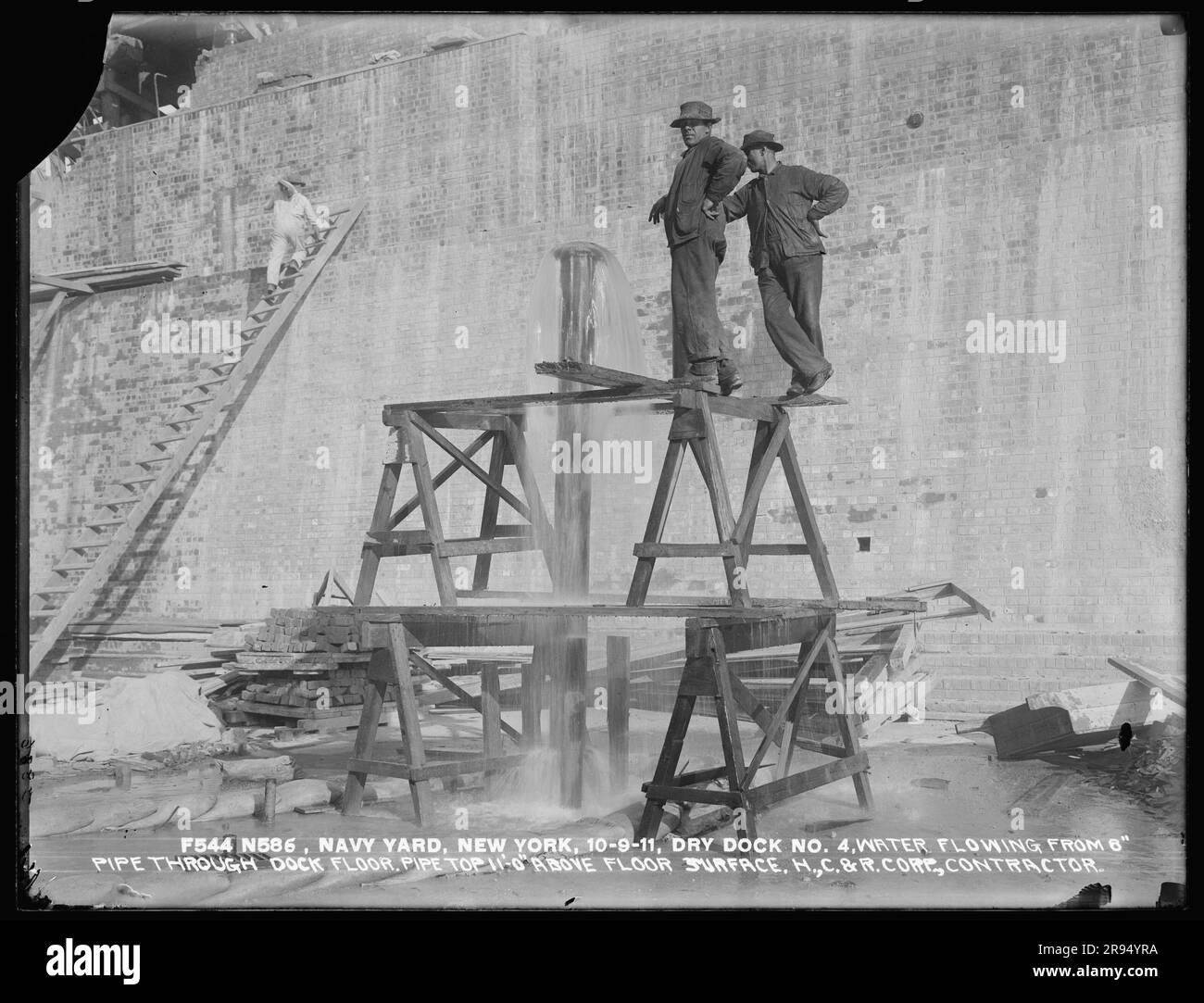 Dry Dock No. 4, Water Flowing from 8-inch Pipe Through Dock Floor, Pipe ...