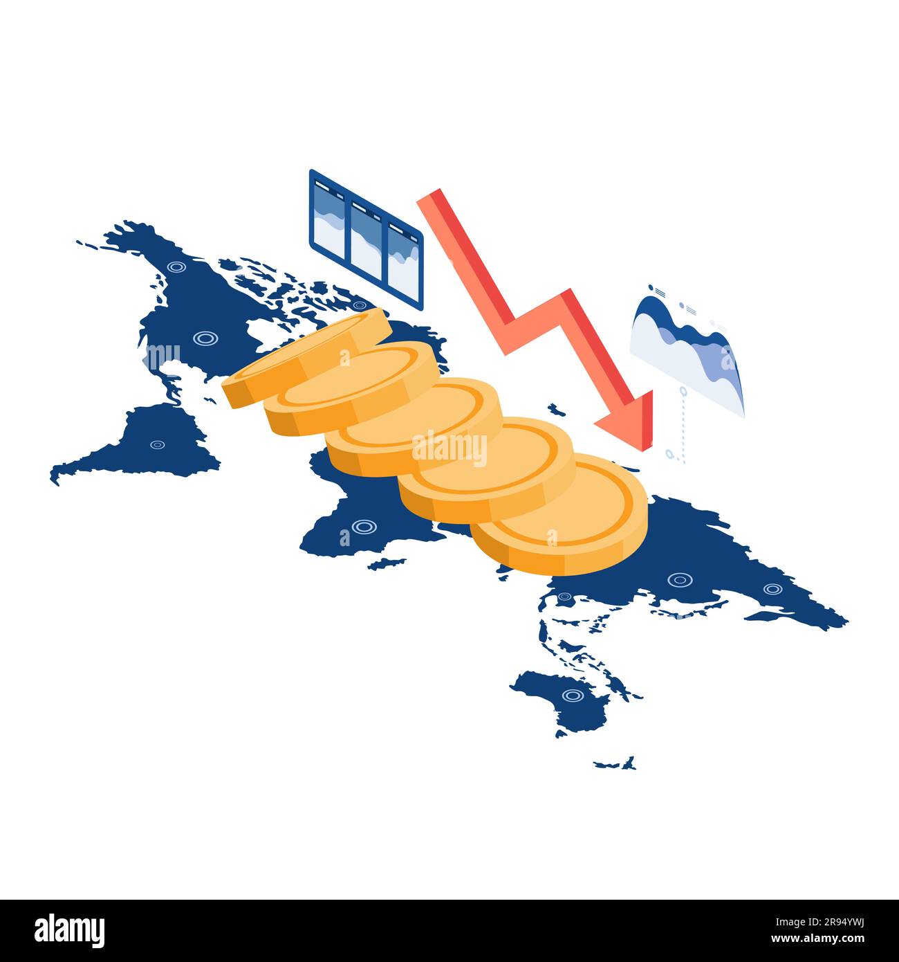 Flat 3d Isometric Coin Money Falling like Domino on World Map. Currency ...