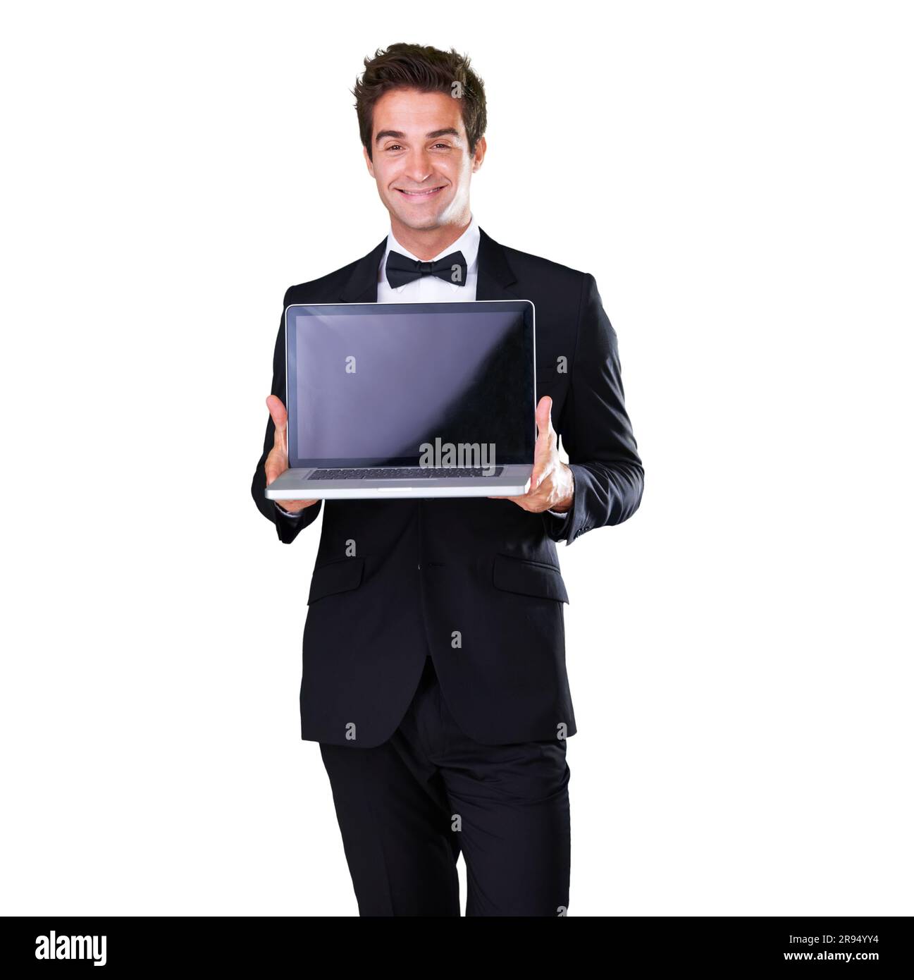 Portrait, happy and male waiter with blank screen for service in studio ...