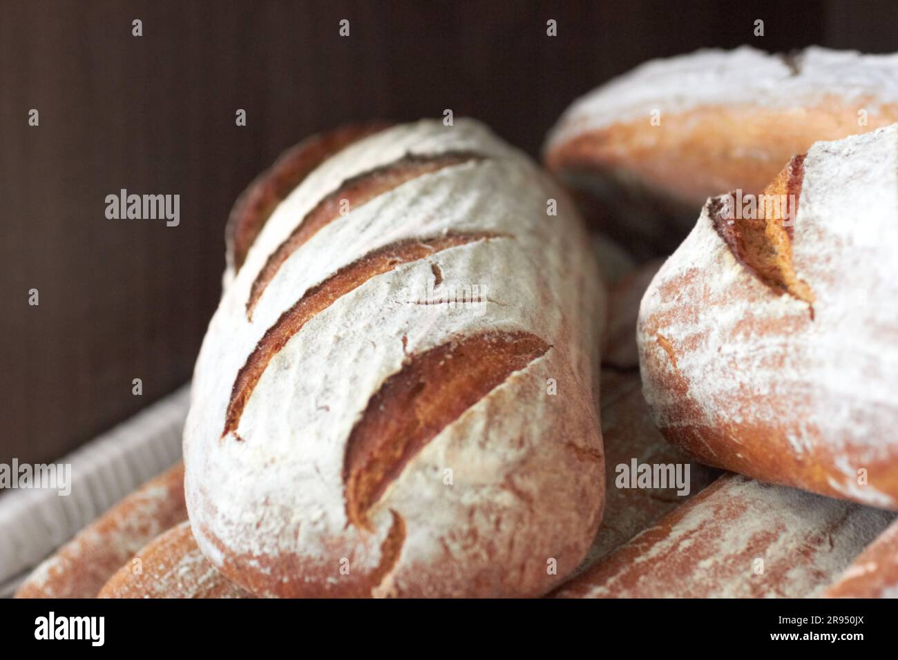 Background, sourdough bread or closeup in bakery of fresh loaves, carbs ...