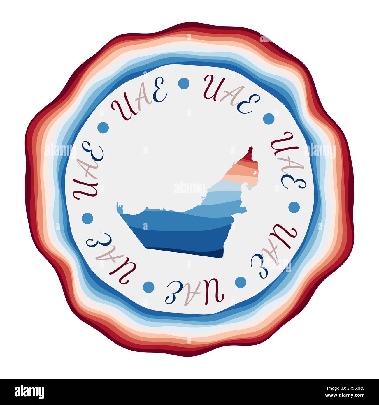 UAE badge. Map of the country with beautiful geometric waves and vibrant red and blue frame ...