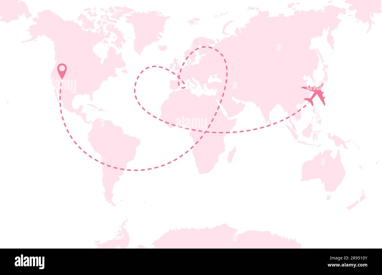 A pink airplane flying over a pink world map. Dashed route line in the ...