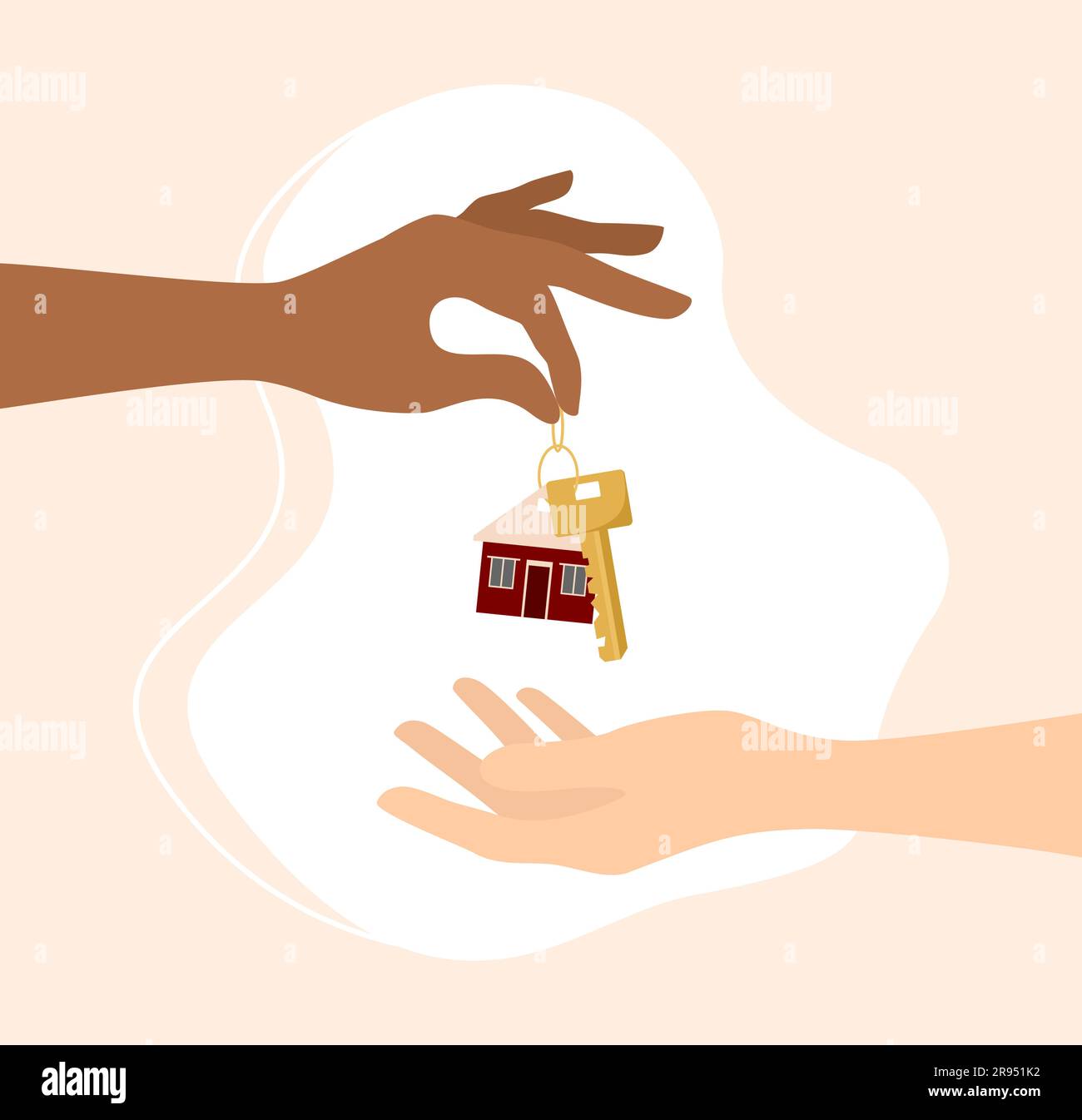 A hand giving a key with a house keychain to a buyer. Vector real ...