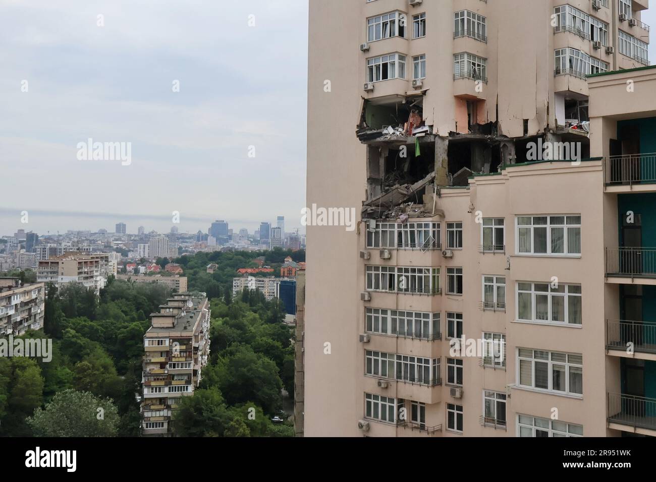 Kyiv, Ukraine. 24th June, 2023. View of a damaged apartment building by ...