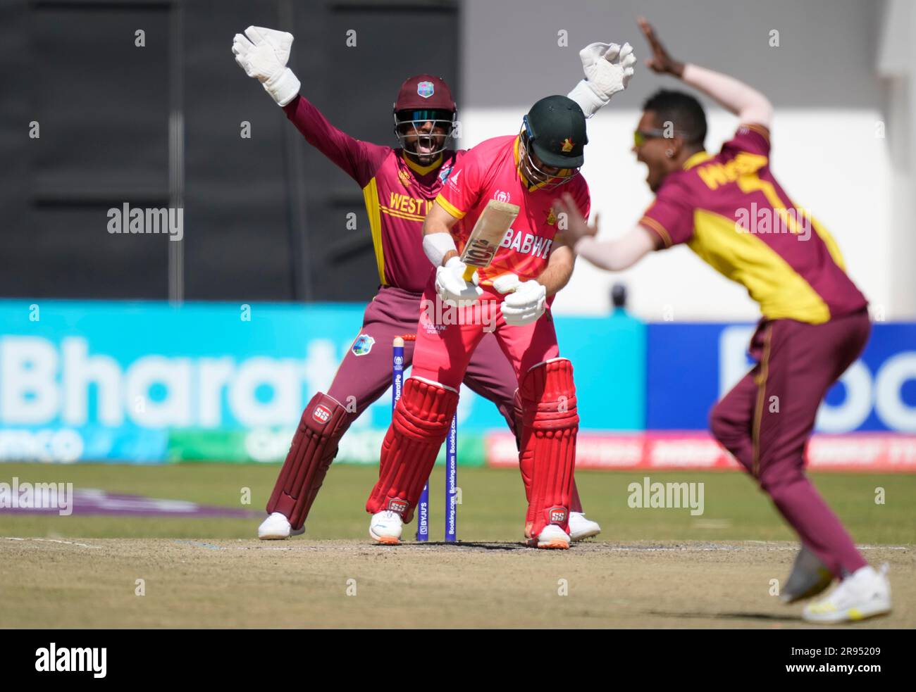 West Indies bowler players appeal for the wicket of Zimbabwe batsman ...