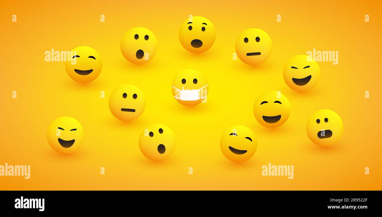 Group of Unprotected People Around a Careful Emoticon Wearing Face ...