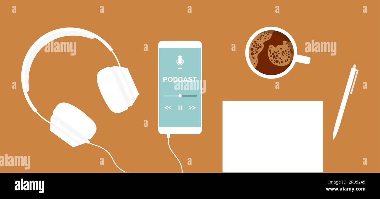 White smartphone with podcast app on screen, headphones, sheet of paper ...