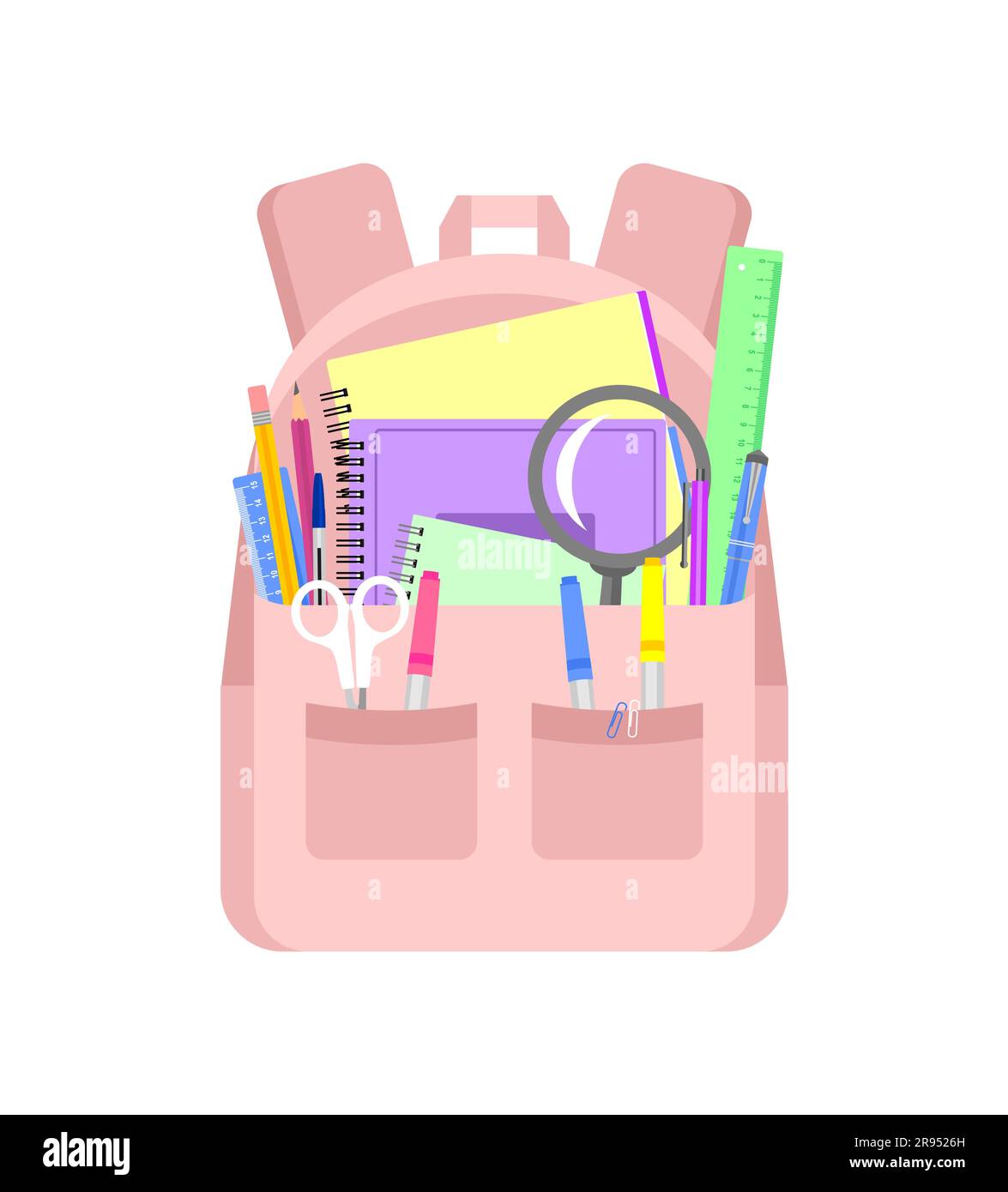 Pale pink backpack with school stationery on a white background. Back ...