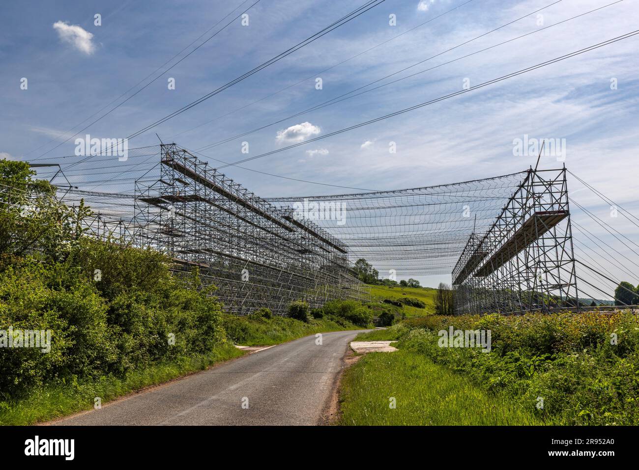 The scaffold tower structure used to hang a safety net over a road ...
