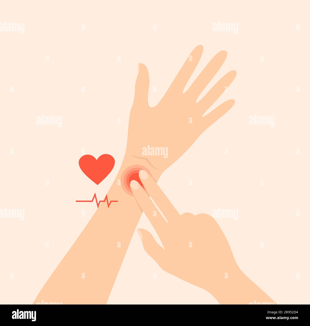 Measurement of the pulse. Flat vector illustration of two hands, heart ...