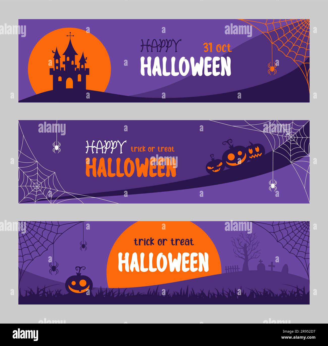 Set of Halloween banners for websites and social media. Purple and ...