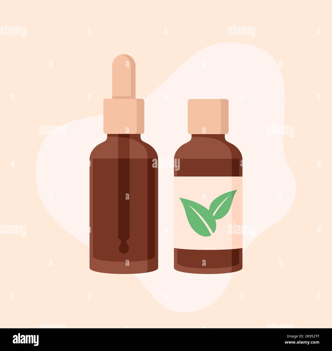 Essential oils in amber glass bottles on a beige background. Flat ...