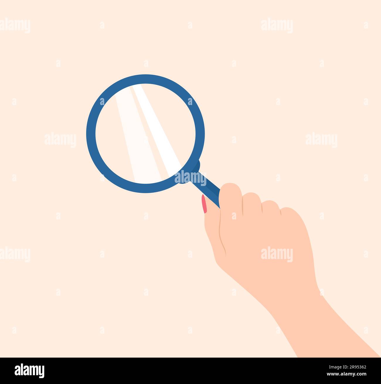 A hand holding a magnifying glass. Vector illustration in flat style ...