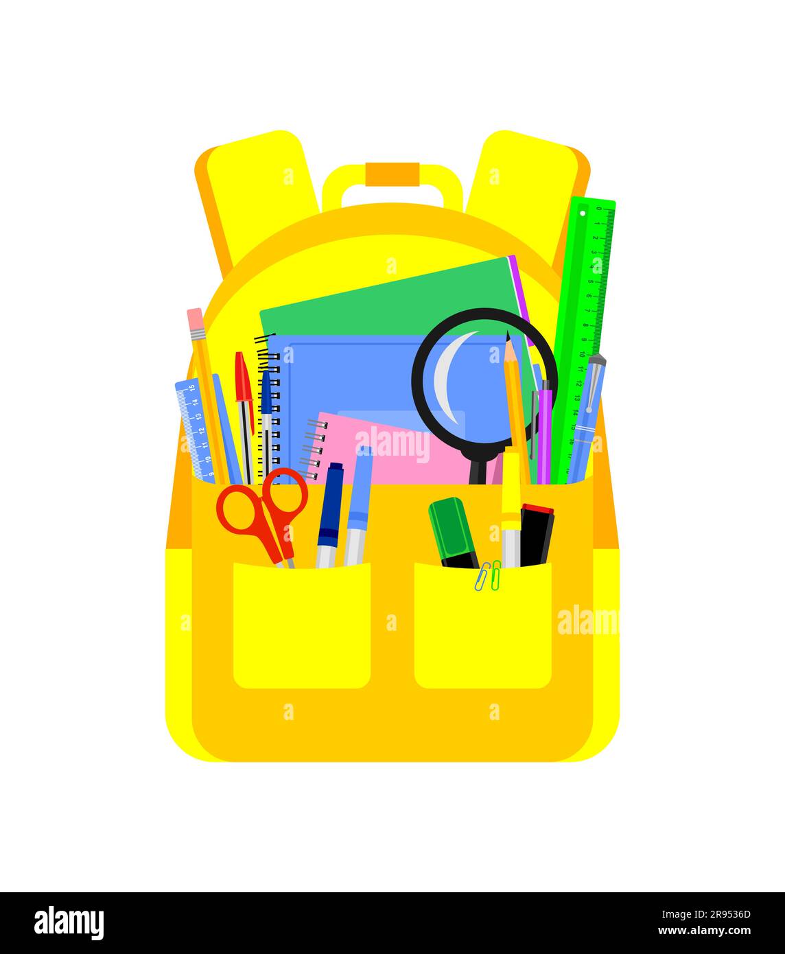 Yellow backpack with school stationery on a white background. Back to ...