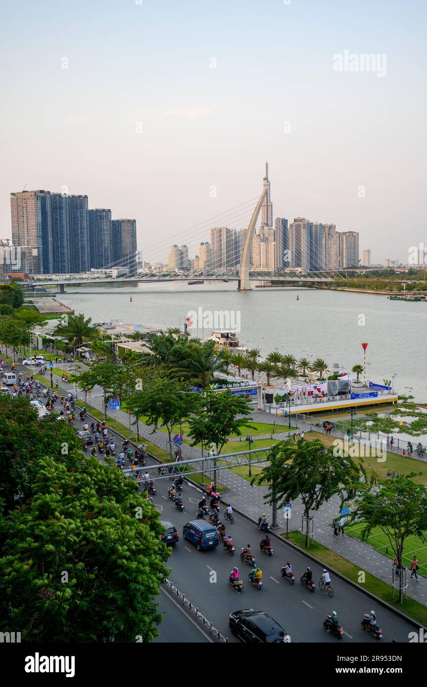 View of Saigon River in Ho Chi Minh city to Ba Son bridge and Vinpearl ...