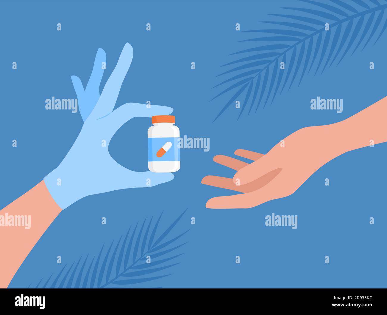 A doctor's hand in a blue medical glove holding a jar of medicine or ...
