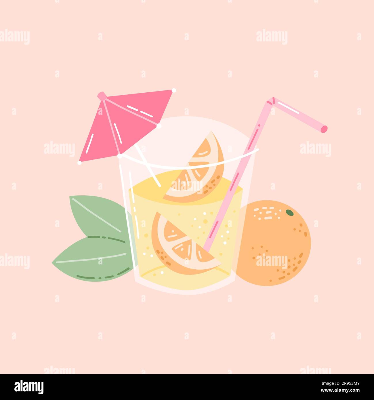 Summer fruit drink cocktail with umbrella, straw and citrus slices, hand drawn colorful trendy ...