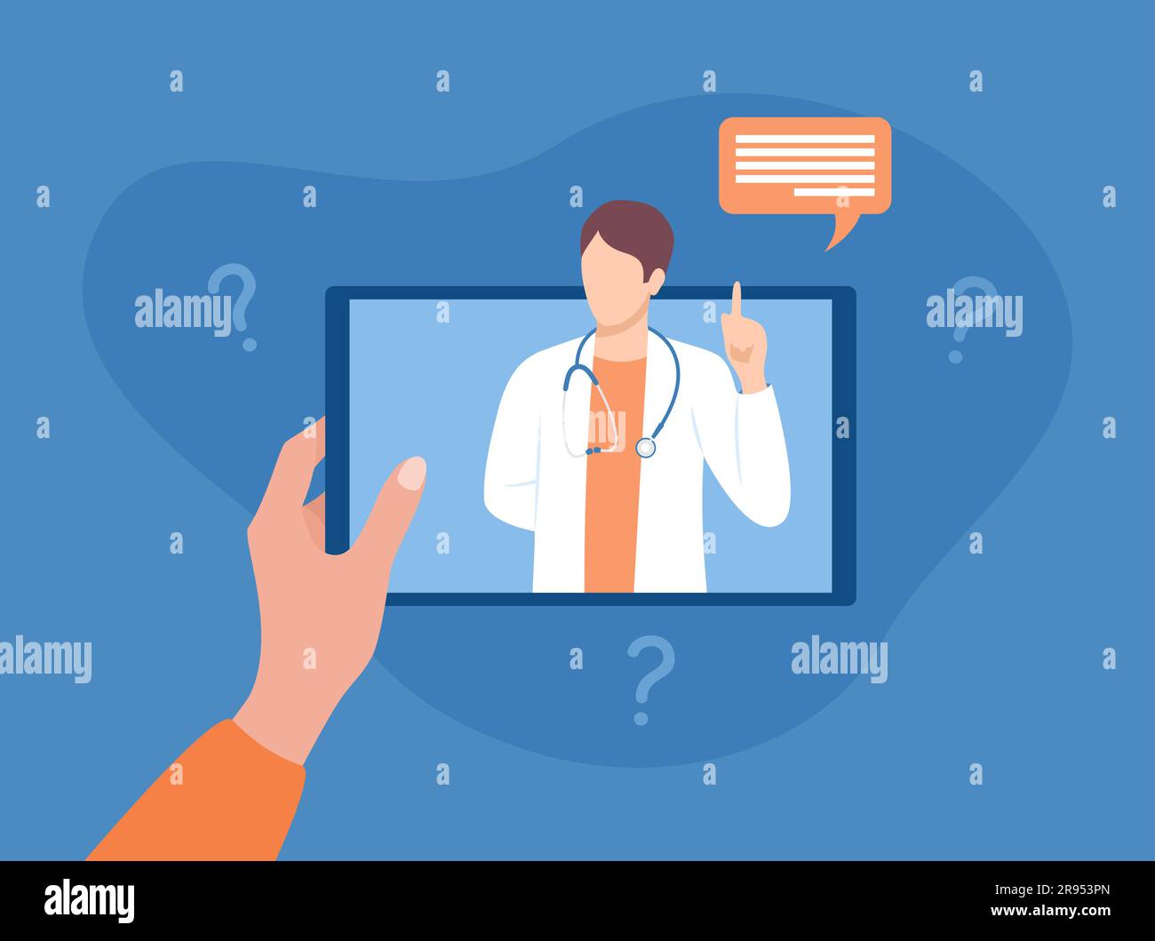 Hand holding tablet with doctor on screen. Medical consultation online ...