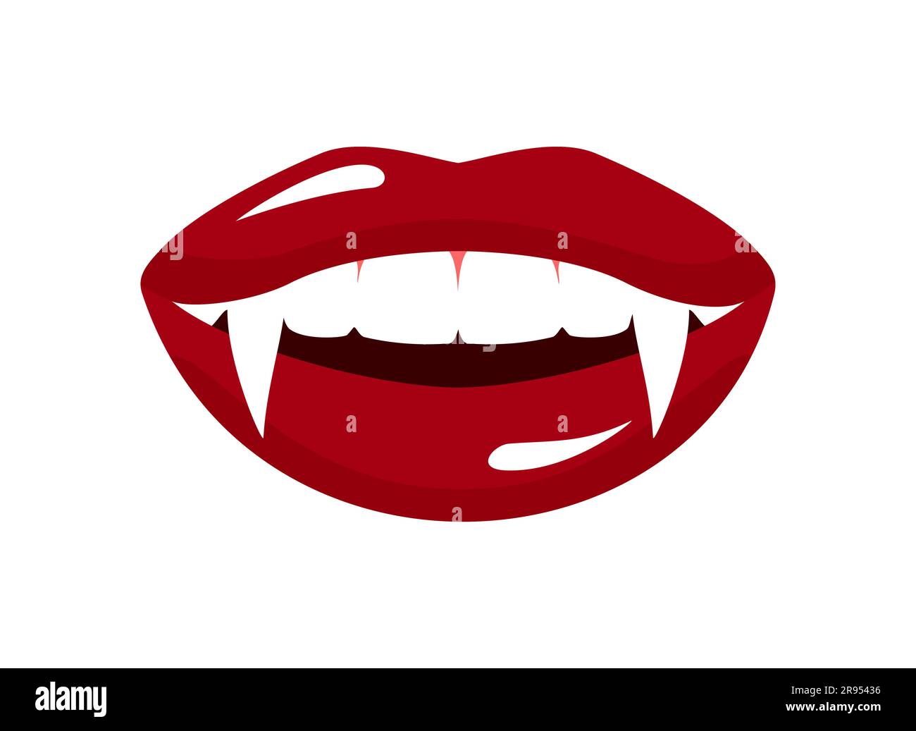 Open vampire mouth with red lips and white fangs isolated on white background. Flat vector ...