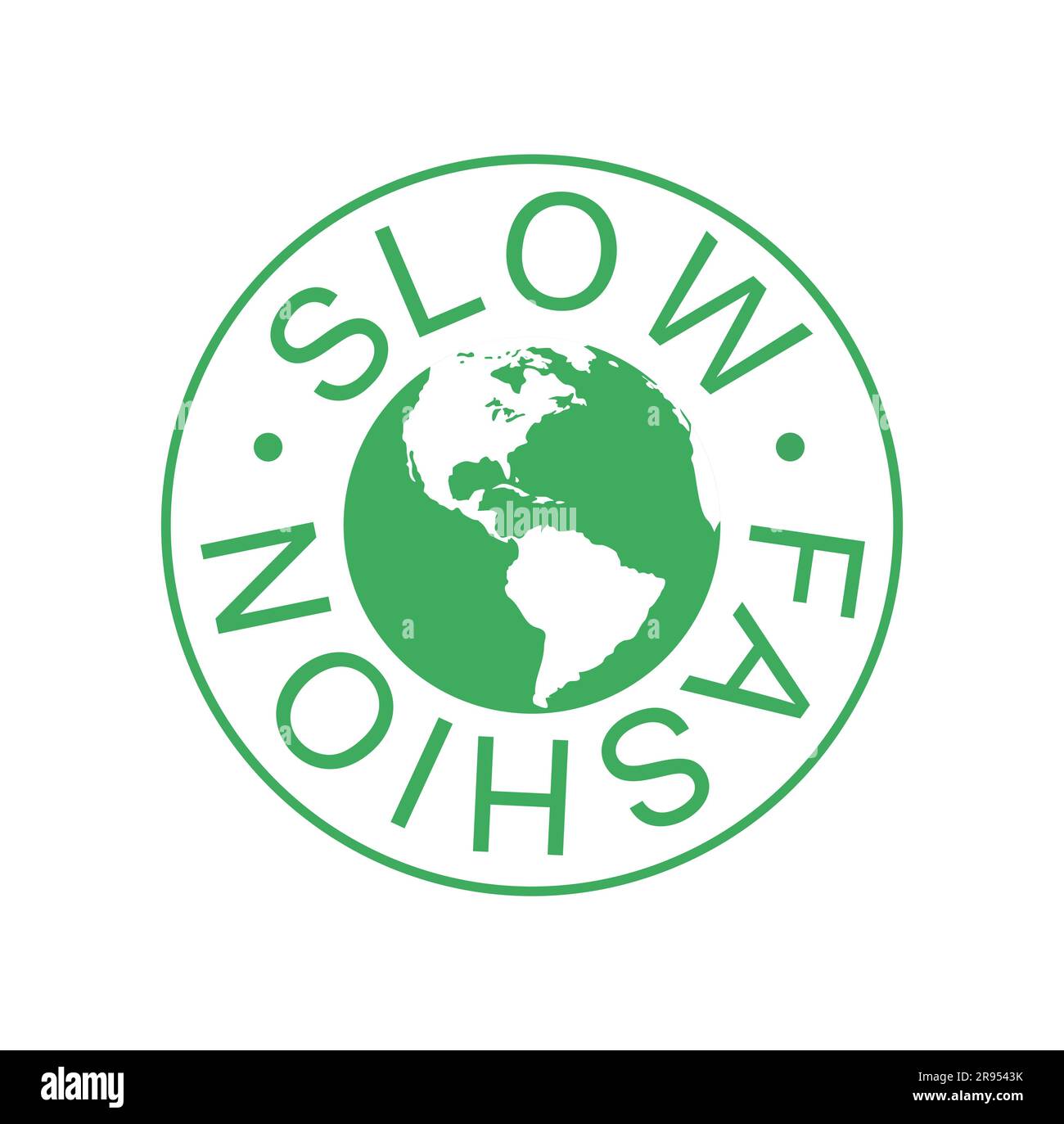 Green planet Earth with text around on a white background. Slow fashion ...
