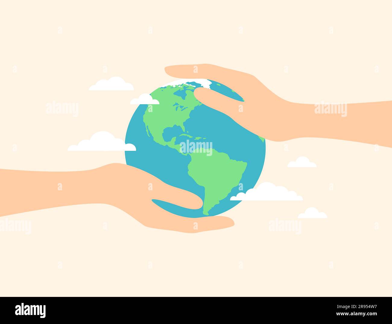 Hands holding planet Earth on a beige background. Flat vector ...