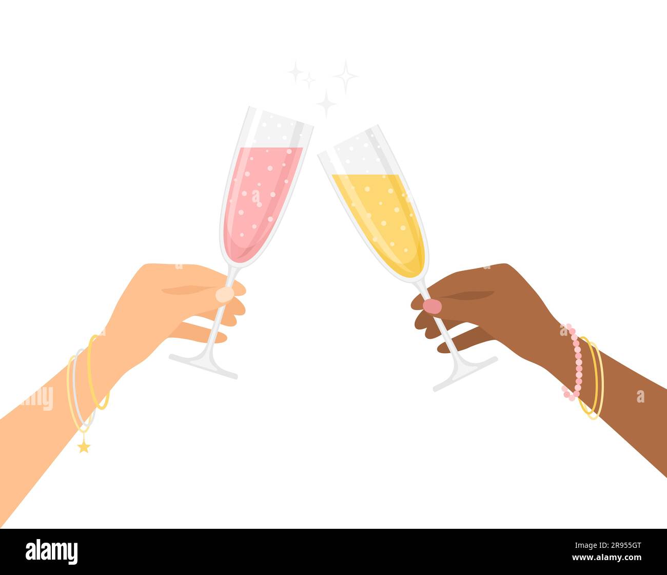 Two female hands holding glasses of sparkling champagne isolated on ...