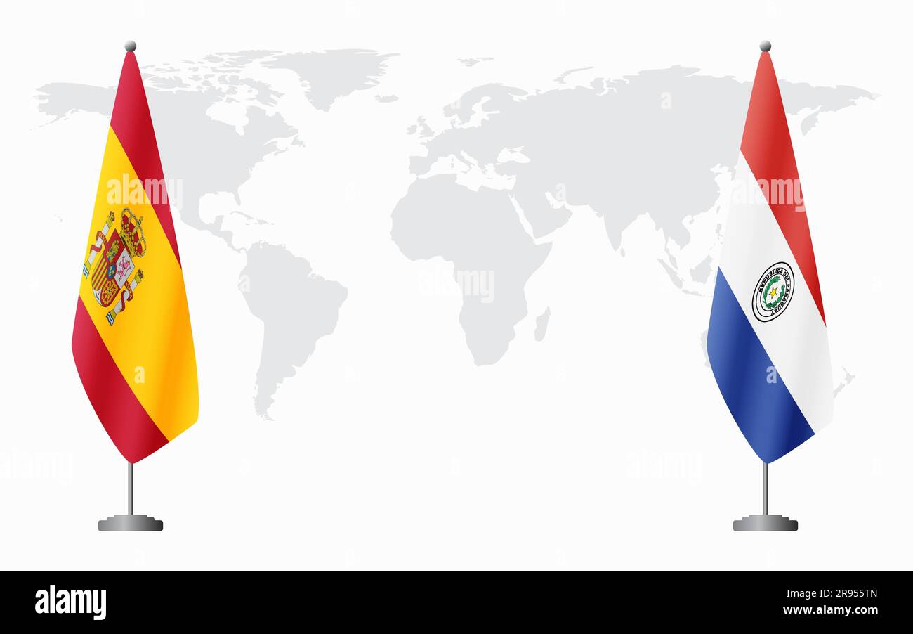 Spain and Paraguay flags for official meeting against background of ...