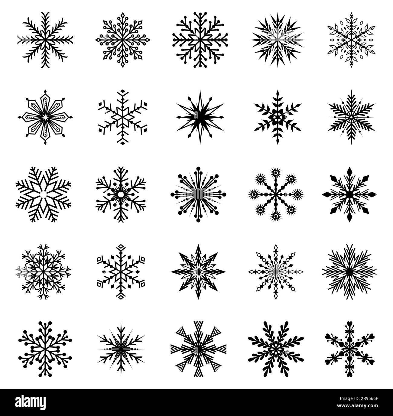 Big set of black vector snowflake icons on a white background. Winter ...