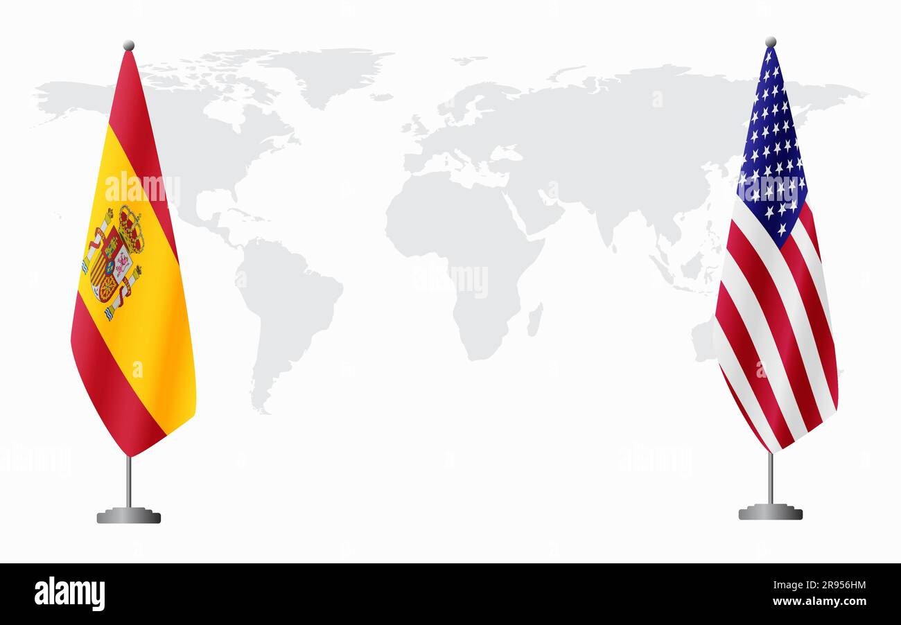 Spain and USA flags for official meeting against background of world ...