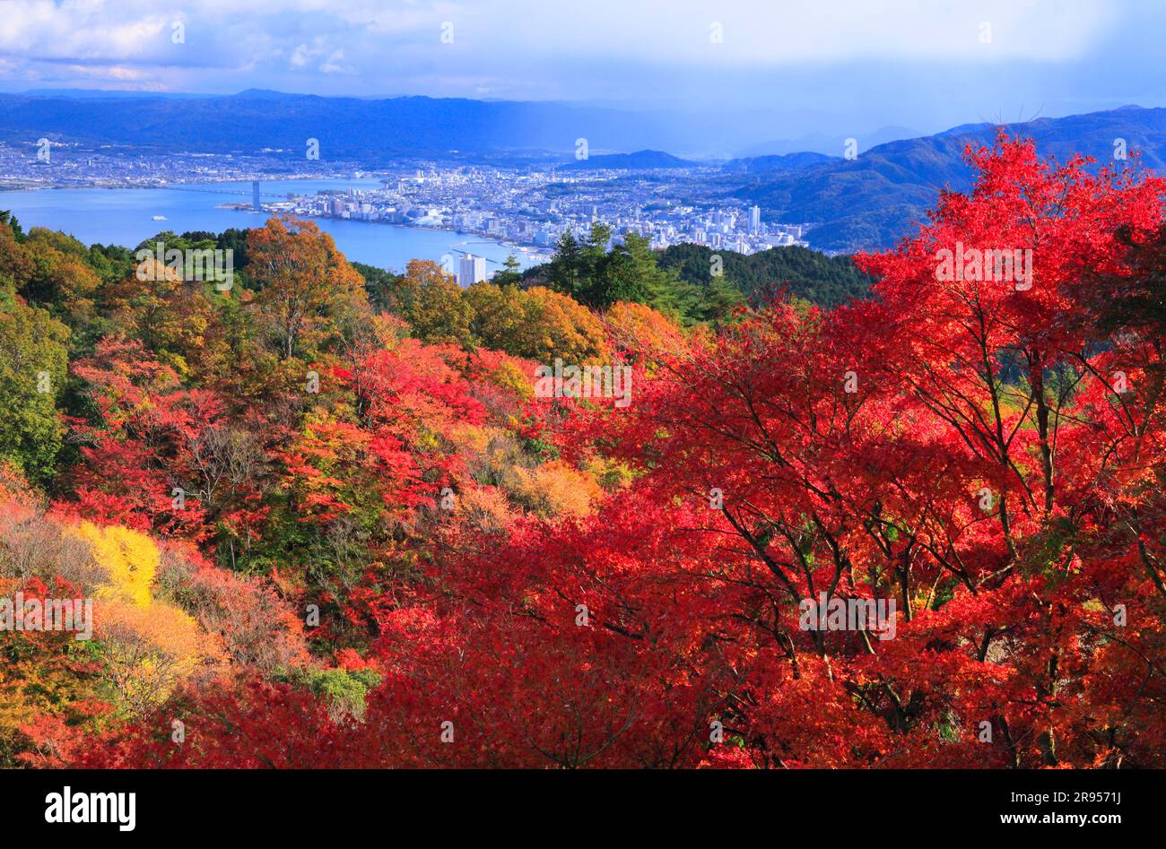 Mount Hiei in autumn colours, Lake Biwa, and town of Otsu Stock Photo ...