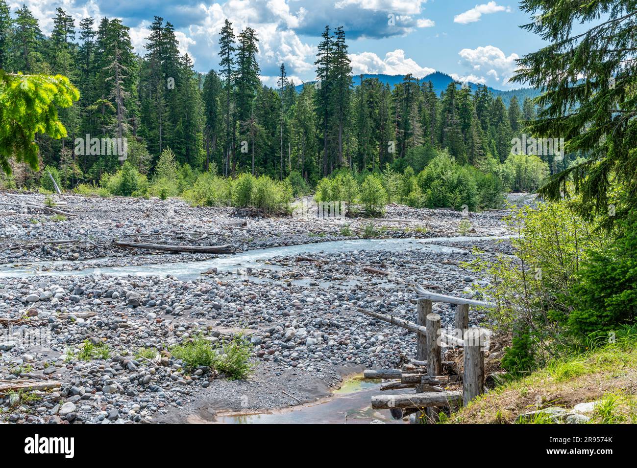 A view of a rocky riverbed near Mount Rainier in Washington State Stock ...