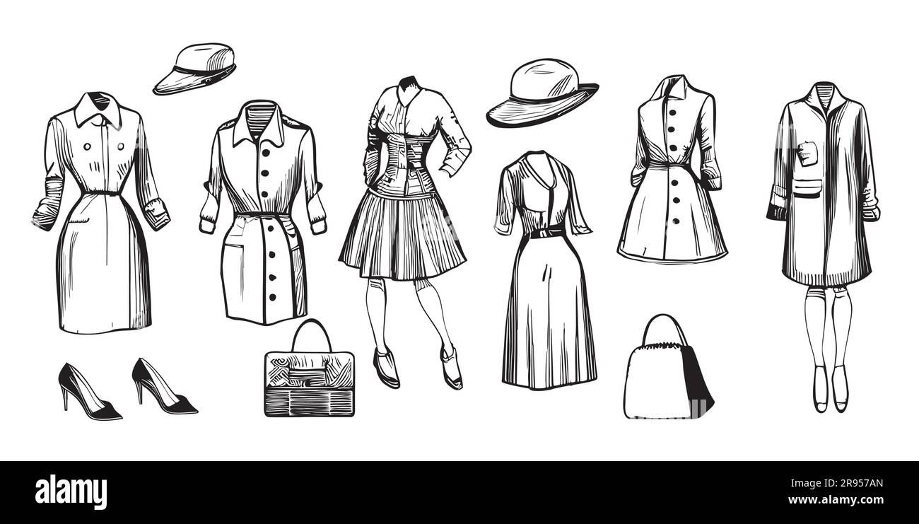 Set of womens clothing sketch hand drawn in doodle style illustration ...