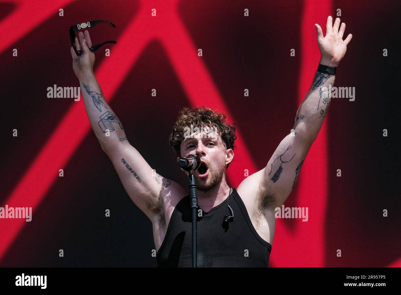 Glastonbury, UK. 24th June, 2023. Tom Grennan photographed performing ...