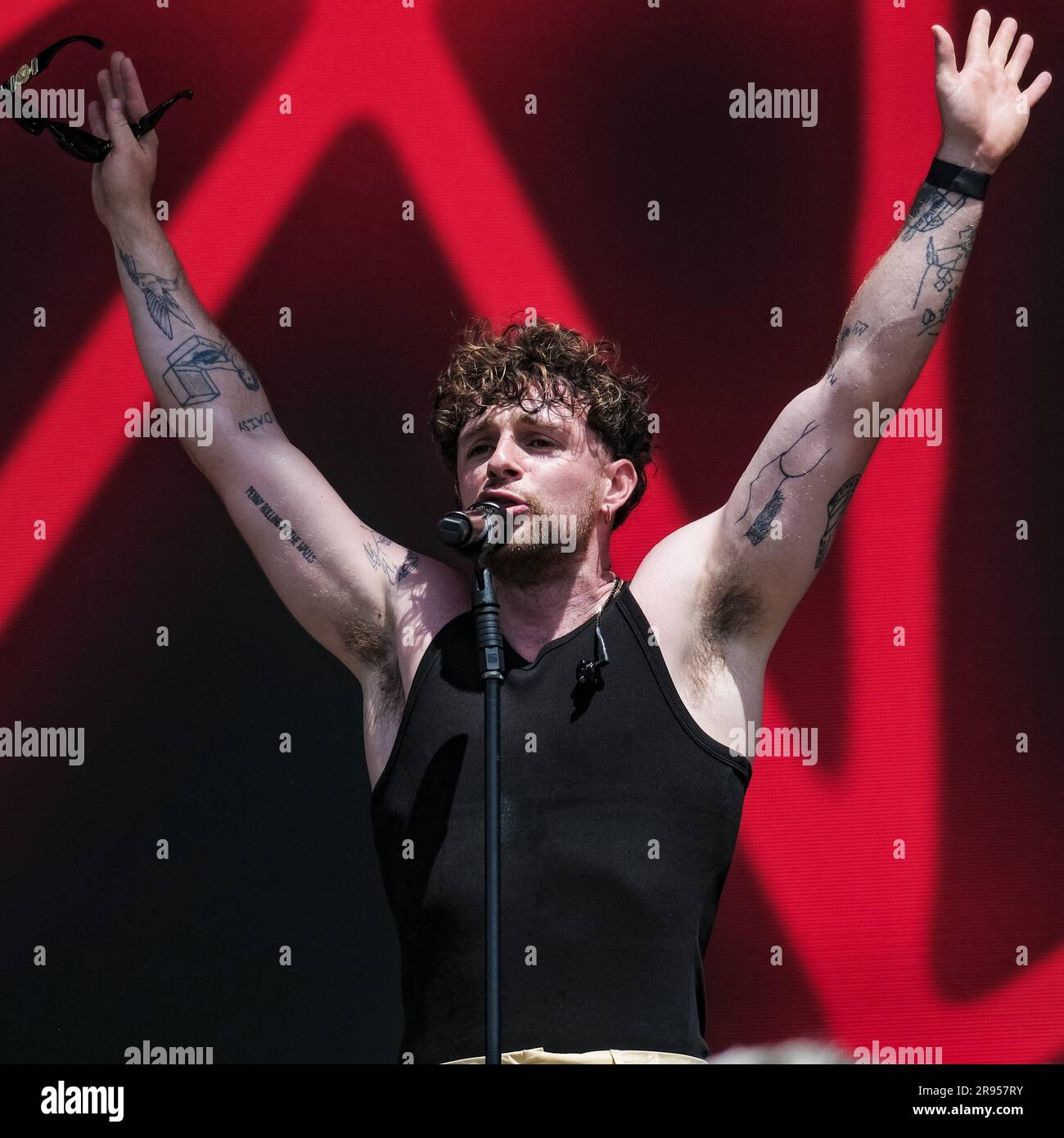 Glastonbury, UK. 24th June, 2023. Tom Grennan photographed performing ...