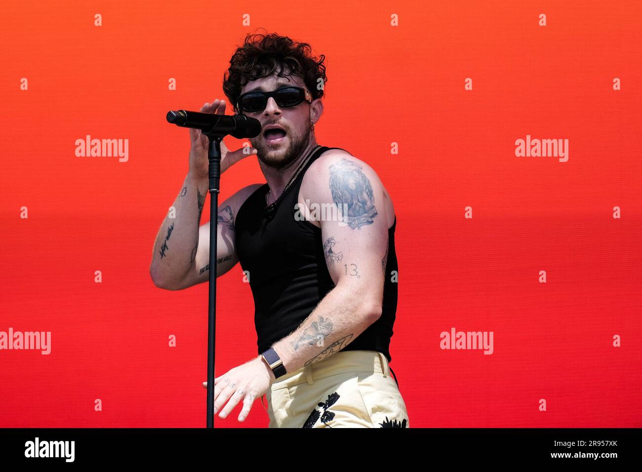 Glastonbury, UK. 24th June, 2023. Tom Grennan photographed performing ...